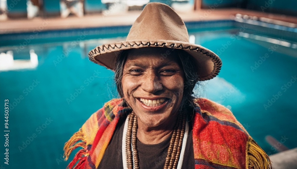person wearing sombrero, happy 60 year old man in swimming pool staring ...