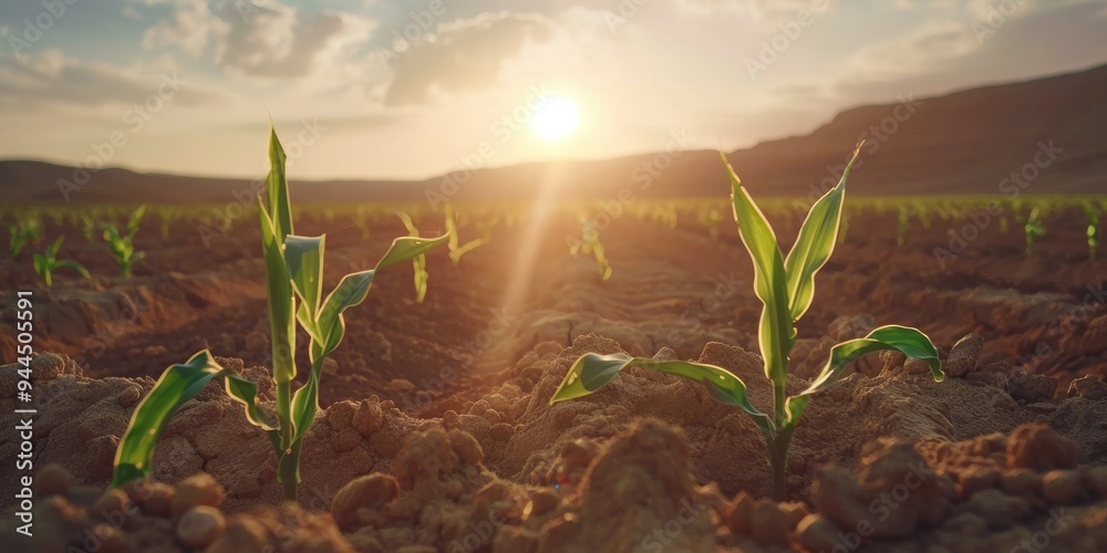 Young corn plants growing in a desert field showcasing sustainable and ...