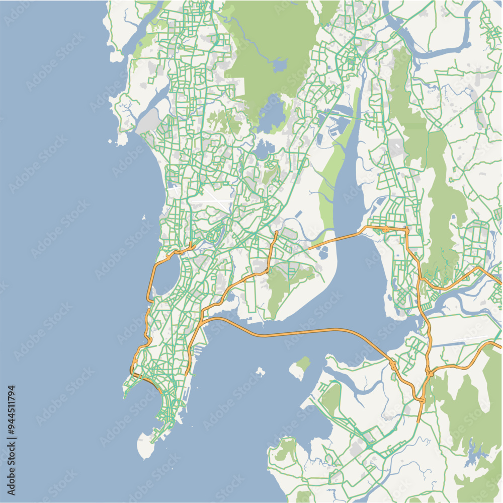 Road map of Mumbai in India. Contains layered vector with roads water ...