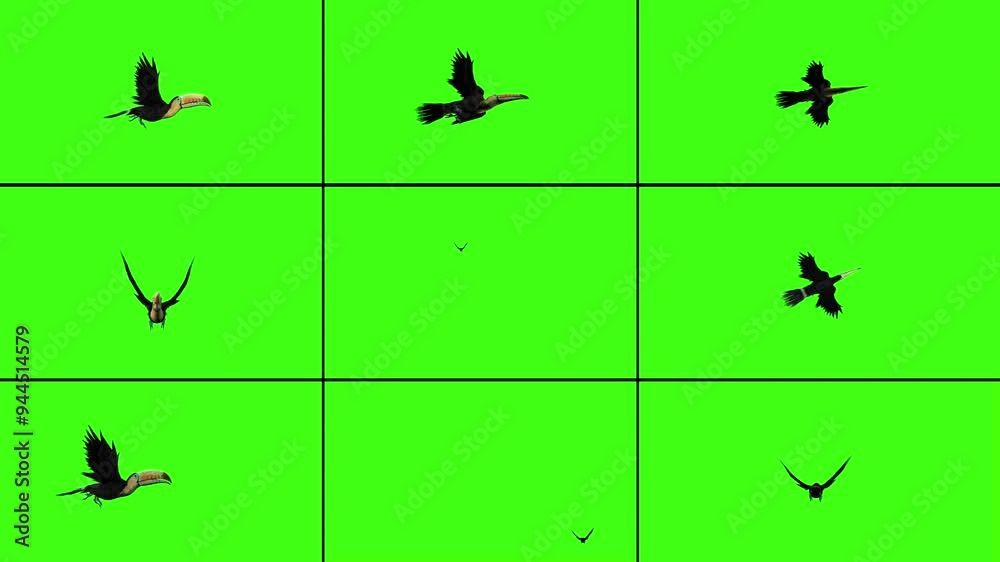 Nine animations of 3d Realistic Toucan bird flying at different angles ...
