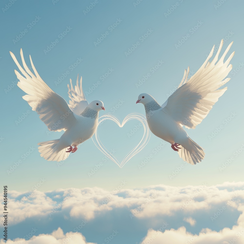 21. Two doves flying together, heart outline in sky, serene atmosphere ...
