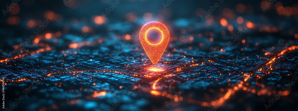Digital location pin icon with binary code, artificial intelligence in ...