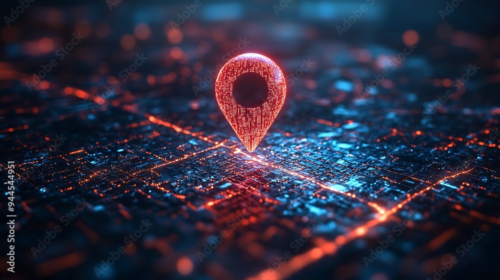 Digital location pin icon with binary code, artificial intelligence in ...