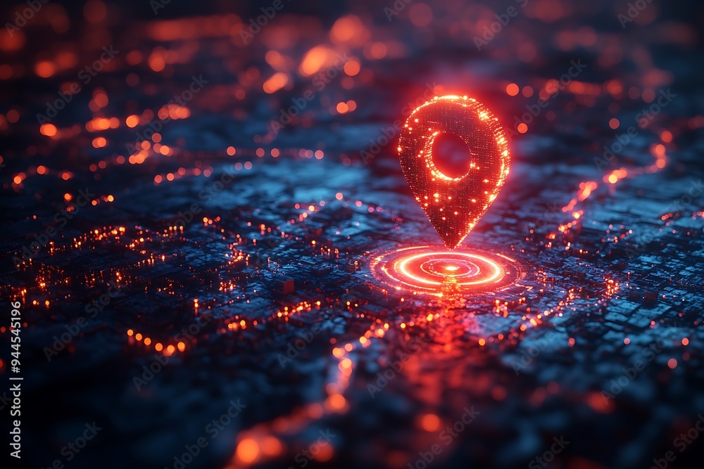 Digital location pin icon with binary code, artificial intelligence in ...