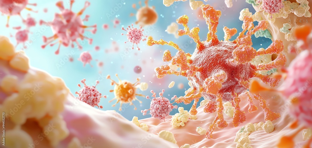 An illustration of immune cells attacking the intestinal lining ...