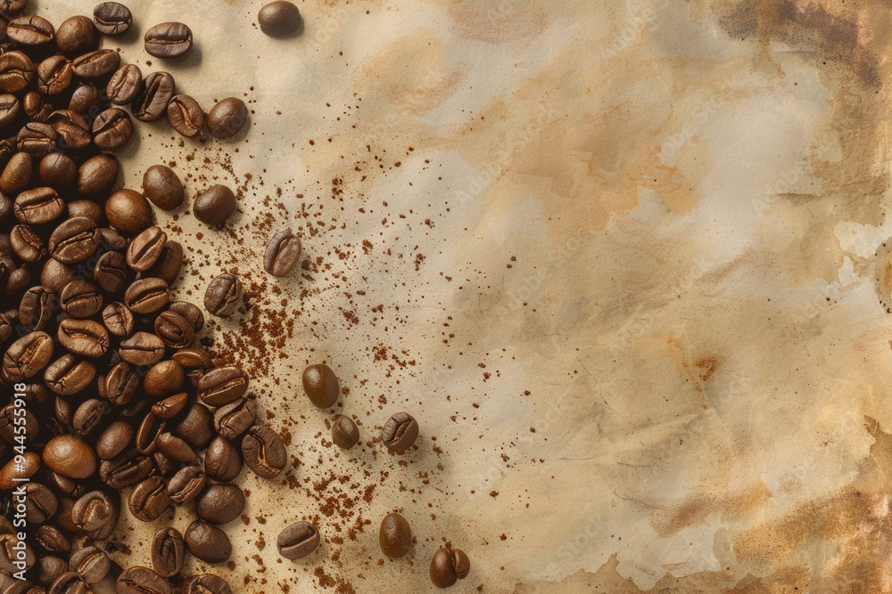 Coffee themed backdrop featuring scattered coffee beans and texture ...