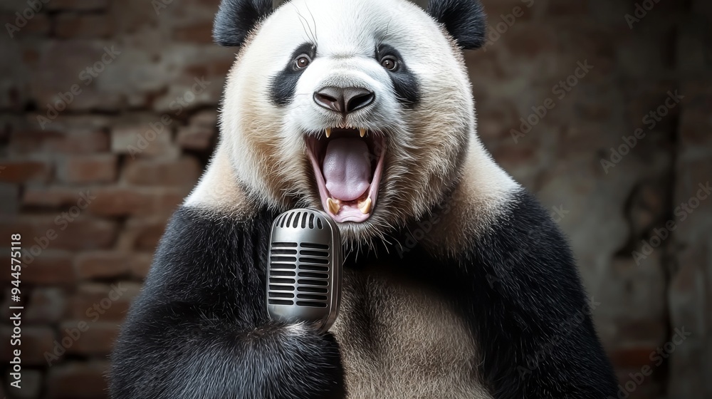 A panda holding a microphone with mouth wide open, portraying a singing ...