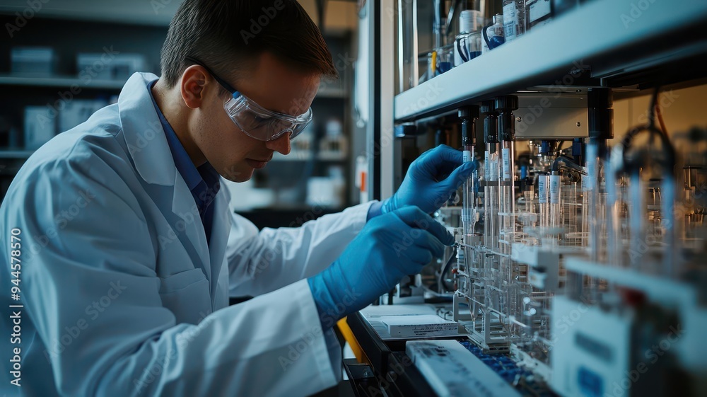 Lab technician adjusting settings on a complex chromatography machine ...