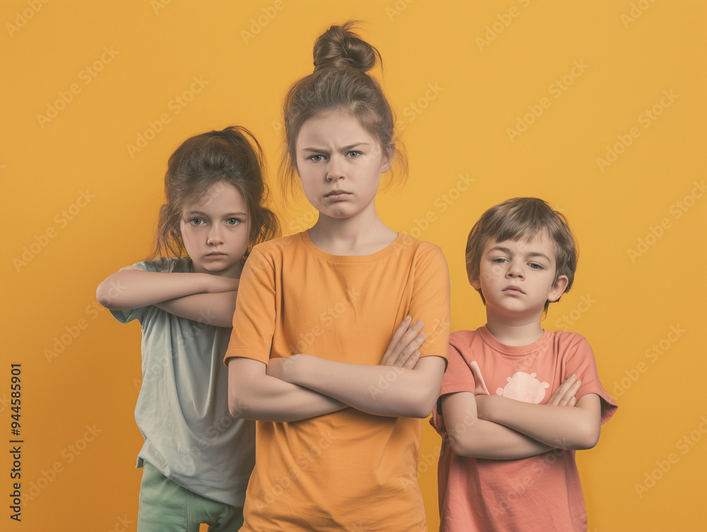 Grumpy siblings in an argument, two sisters and a young brother, yellow ...