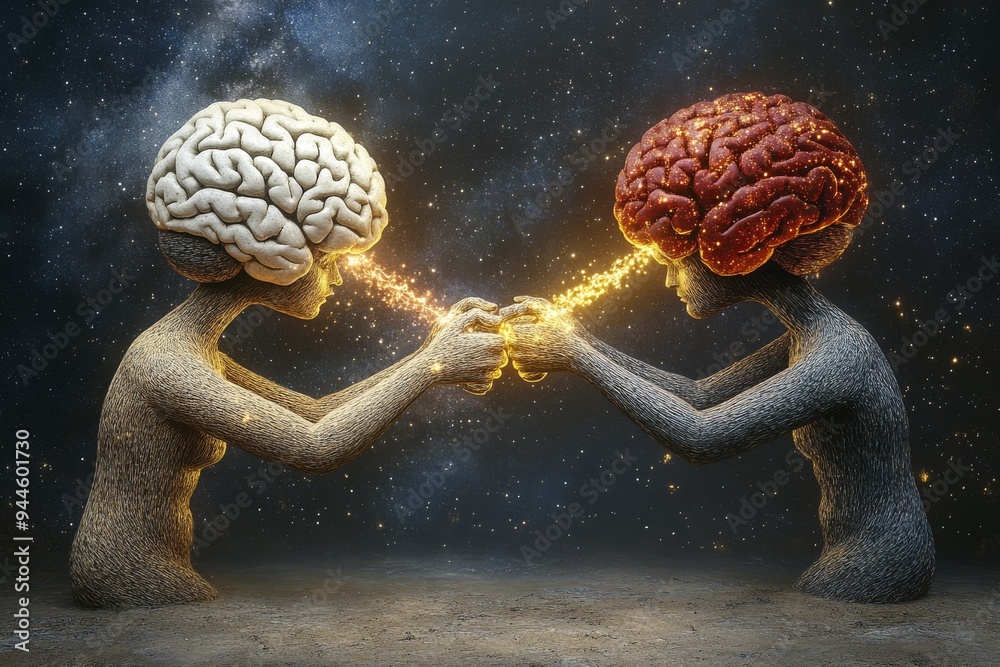 Two abstract human figures with their brains connected by glowing neural pathways symbolizing ...