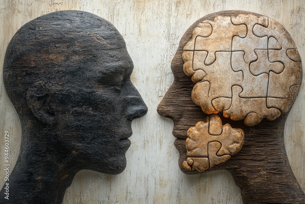 Sculpted wooden heads facing each other one with puzzle pieces missing ...
