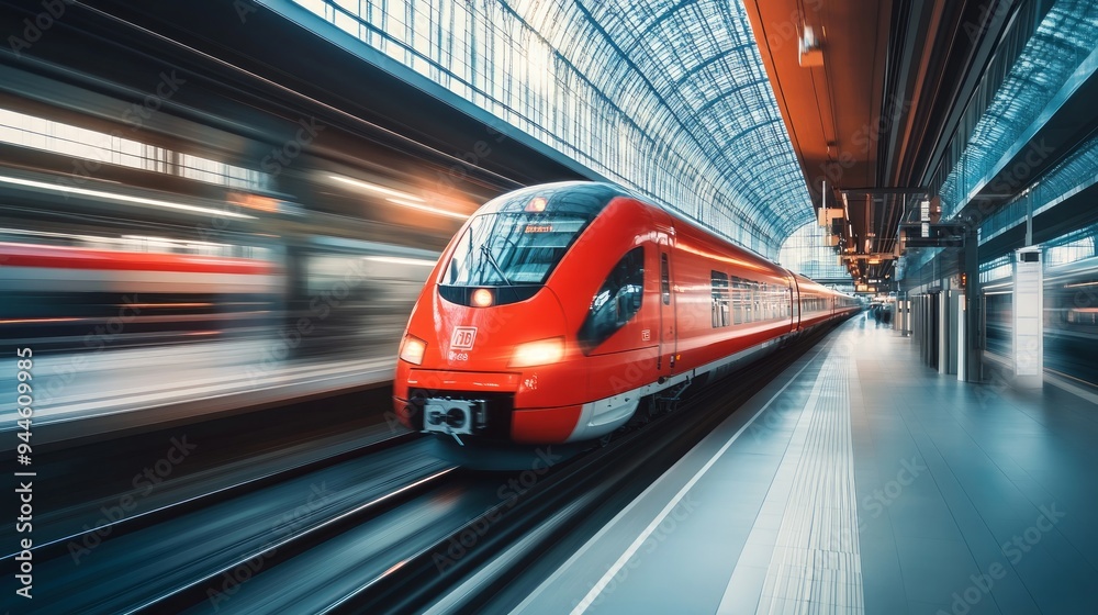 High speed train in motion inside modern train station in Vienna. Fast ...