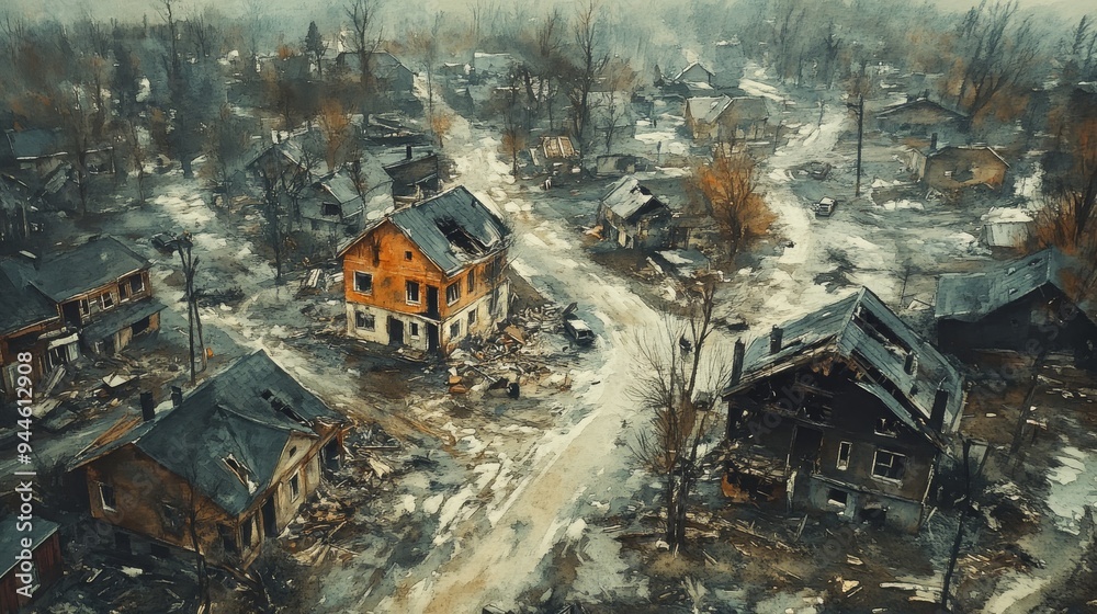 Bird's-eye view of a storm-ravaged town, debris from homes and broken ...