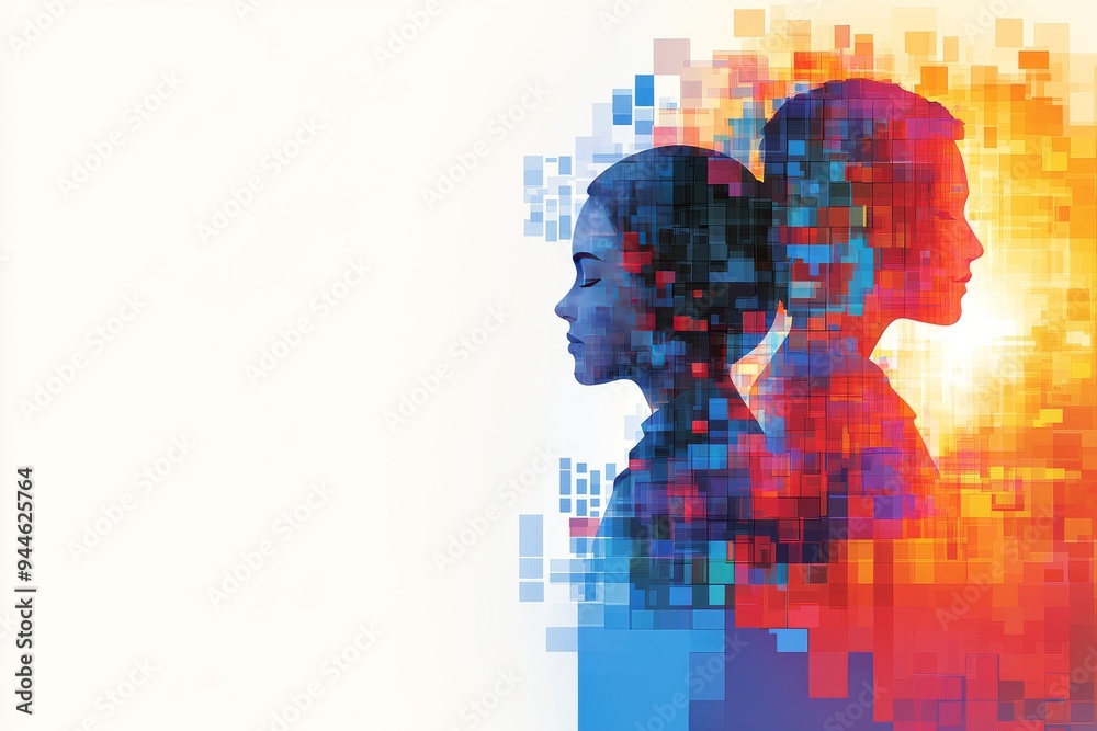 Abstract digital art of two overlapping human profiles dissolving into ...