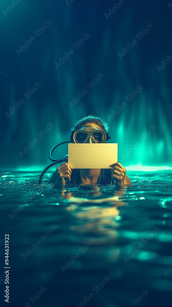 A scuba diver holds up a blank sign while swimming in a dramatic water ...
