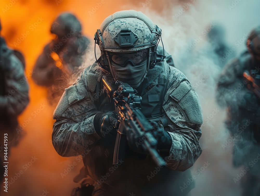 squad of modern soldiers in full combat gear facing the camera shrouded ...