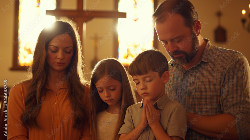 Family is praying together in a church pew with their eyes closed Stock ...