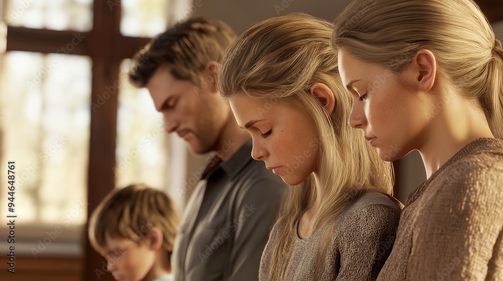 Family praying together in church pew with hope and faith Stock Photo ...