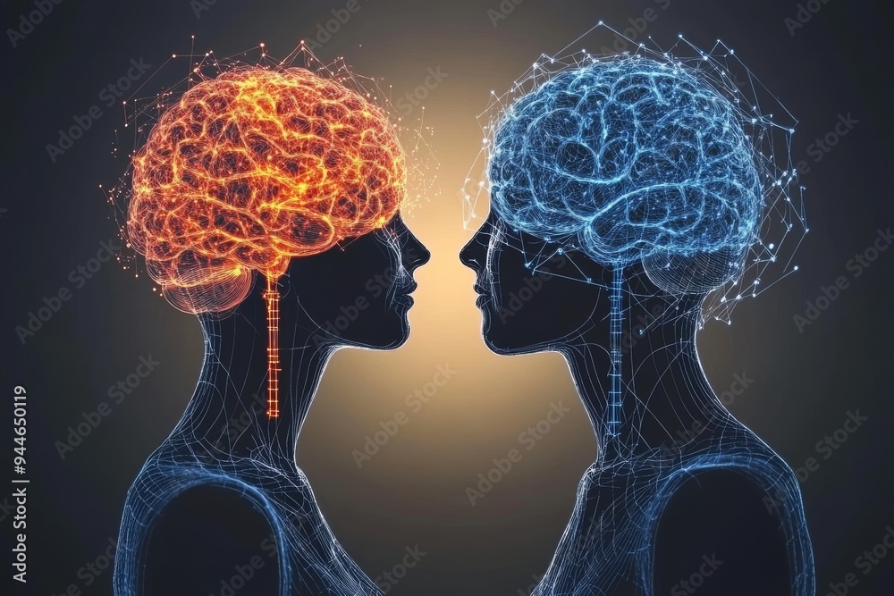 Dual Human Figures with Glowing Brains Facing Each Other Depicting Intellectual Connection ...