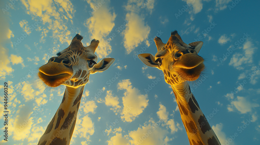 Giraffes from Below in a Diagonal View at Dawn, Capturing Detailed ...