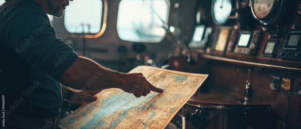 Captain Navigating with a Map on a Ship Stock Illustration | Adobe Stock