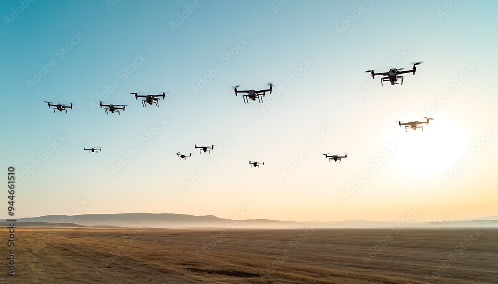 Coordinated Drone Swarm Forming Grid Pattern in Clear Sky Over Open ...