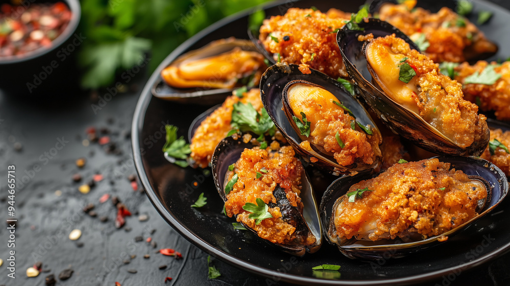 Fried delicious mussels with herbs in the shell. Seafood. Homemade ...