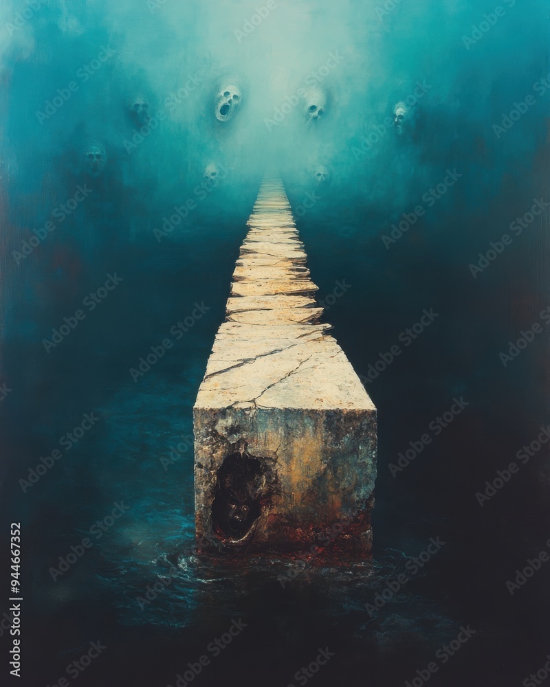 Surrealist underwater pathway image featuring a mysterious stone ...