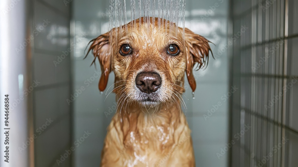 Large dog in a walk-in shower, water spraying down as it looks directly ...