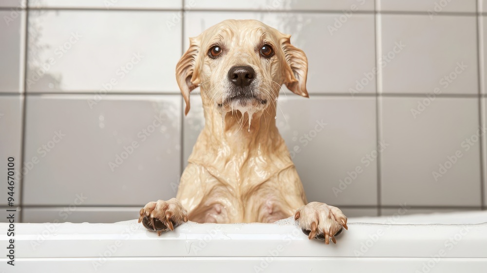 Wet dog standing on its hind legs in a shower, paws on the edge of the ...