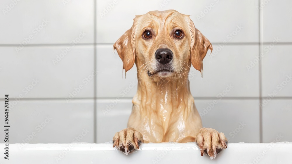 Wet dog standing on its hind legs in a shower, paws on the edge of the ...