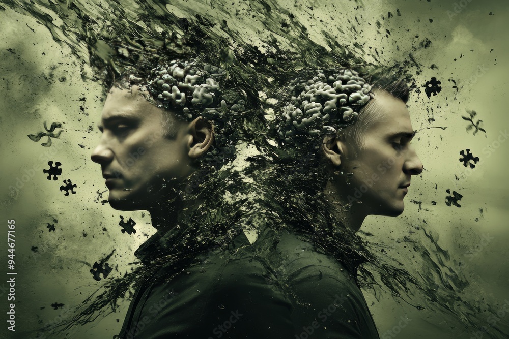 Abstract digital art of a fragmented human profile dissolving into ...