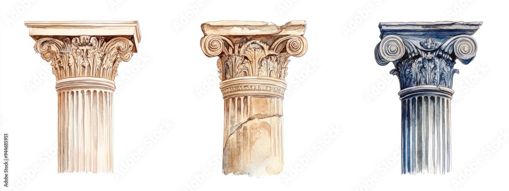 Watercolor illustration of antique Corinthian Ionic and Doric columns featuring elements of ...
