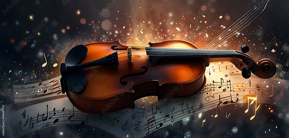 Render a 3D violin surrounded by floating musical notes and ethereal ...