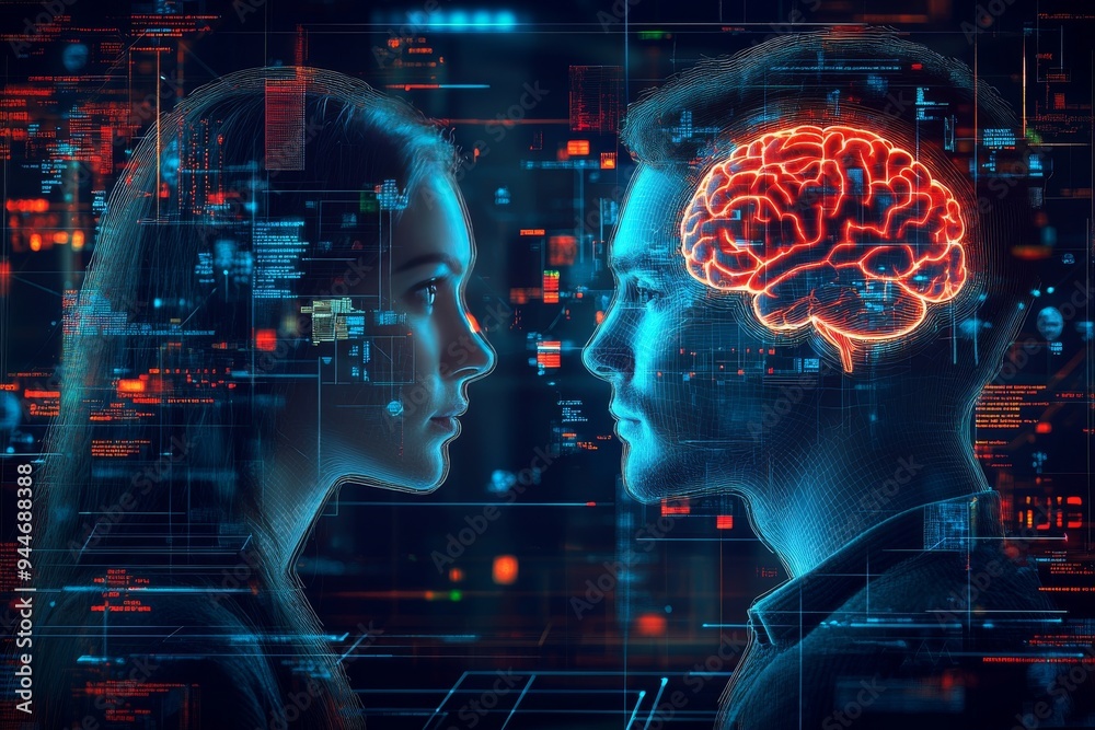 Futuristic digital art of two human profiles with glowing brains in a ...