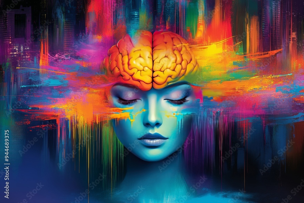 Vibrant digital rendering of a womans face with a glowing brain ...