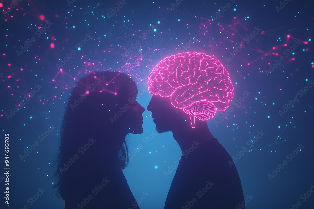 Futuristic digital rendering of two human profiles with glowing neon brains symbolizing the ...
