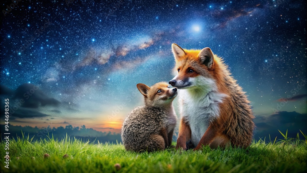 of a fox and hedgehog sharing a loving hug under the starry night sky ...