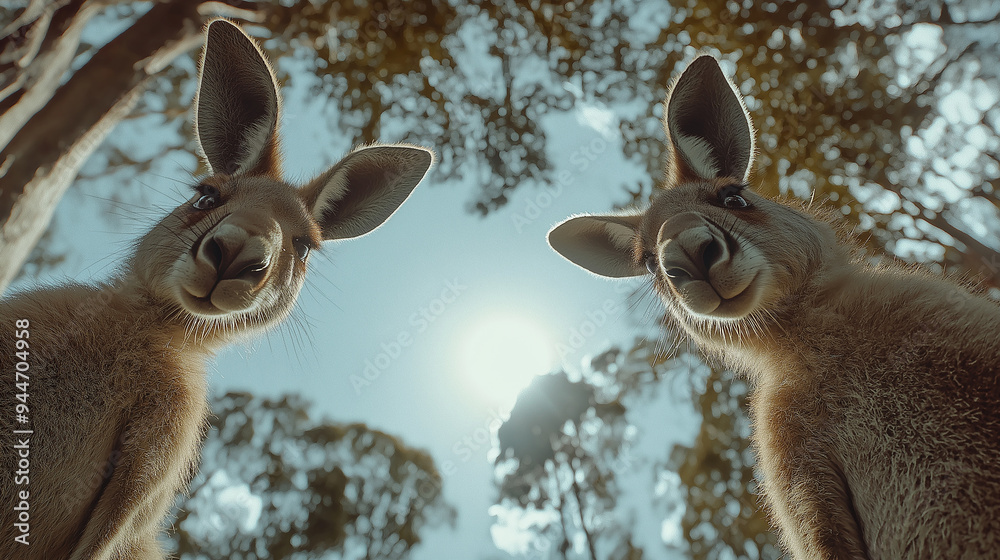 Kangaroos from Below in a Diagonal View at Late Afternoon, Highlighting ...