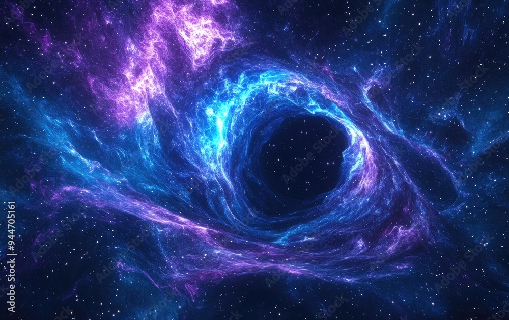 3D cartoon depiction of cosmic waves and a black hole in deep space ...