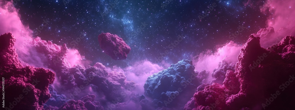 Flying through a galaxy of stars and gas clouds in a 3D cartoon ...