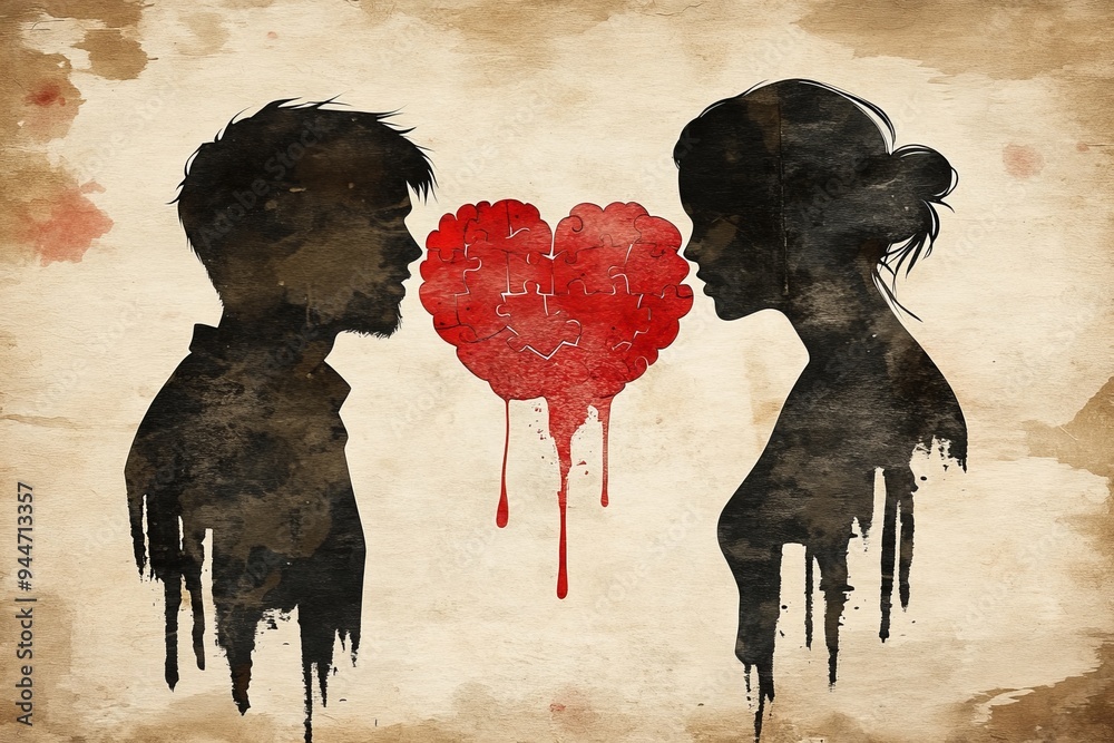 Broken Heart Silhouettes A Vintage Artistic Illustration of a Couple in ...