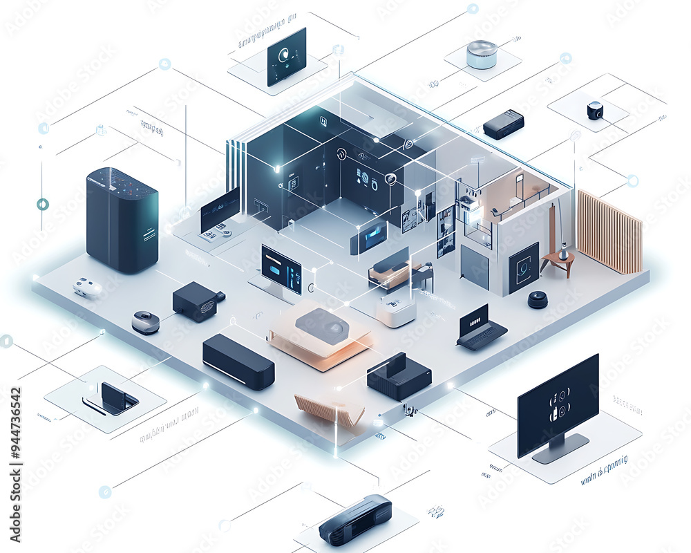 Smart Home Integration: A network diagram showing how different smart ...