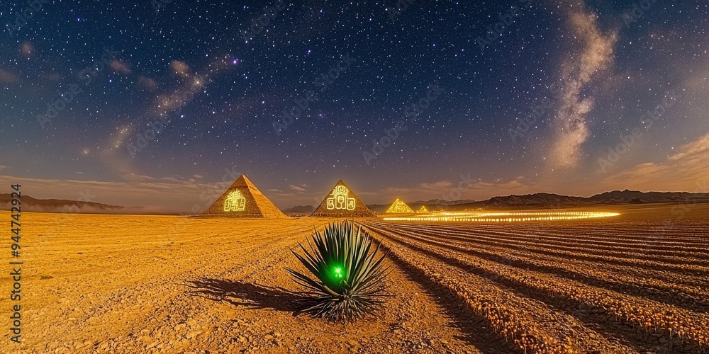 Starry Night Scene with Pyramids in the Desert and Mystical Green Light ...