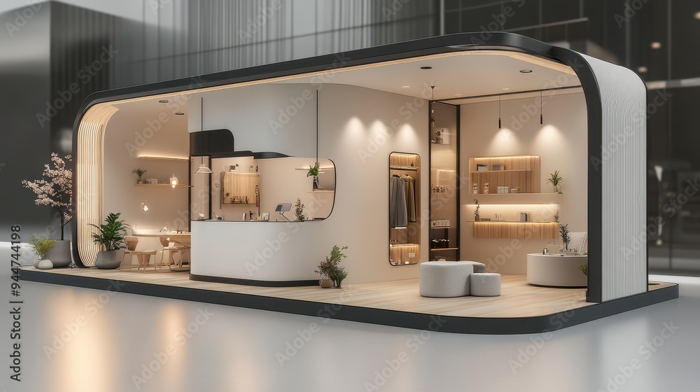 Modern Minimalist Booth Design With Reception Desk Shelving and Seating ...