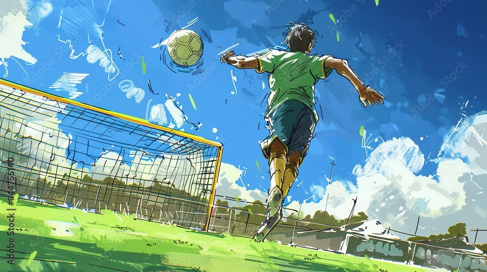 Storyboard-style sketch, with a classic and relaxed style of a soccer ...