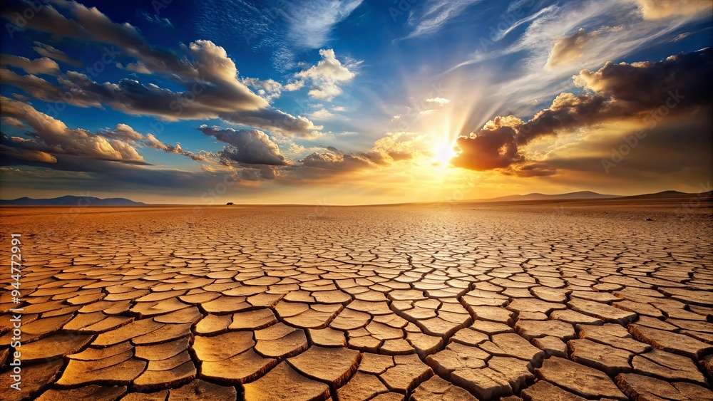 Cracked and barren landscape of a parched and sun baked desert ...