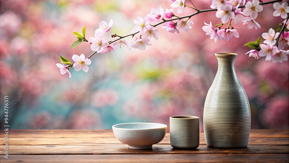 Japanese sake bottle and cup with cherry blossom (sakura) background ...