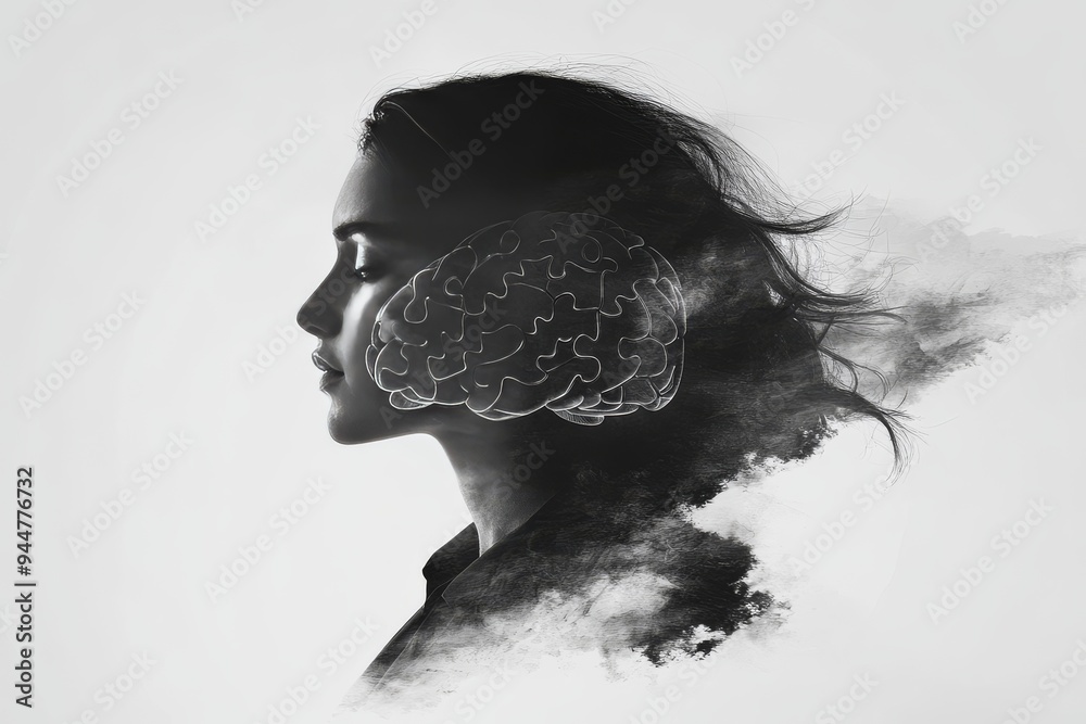 Woman’s profile dissolving into particles symbolizing the ephemeral ...