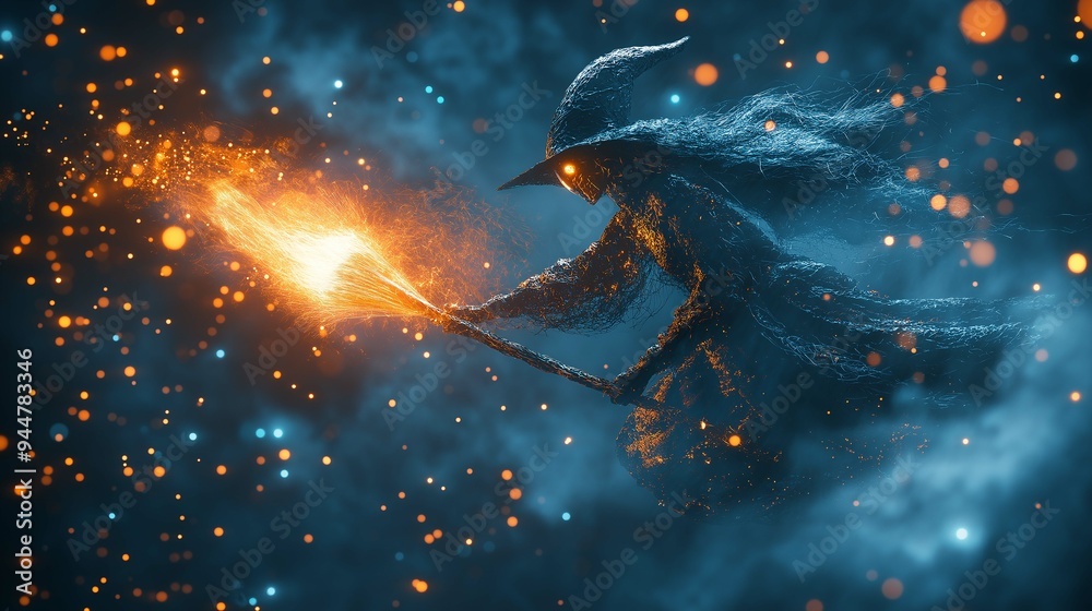 ภาพประกอบสต็อก Robot witch casting digital spells, with sparks of ...